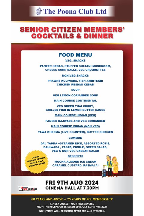 Senior Citizen Members Cocktails & Dinner Fri 9th Aug 2024 At Cinema ...